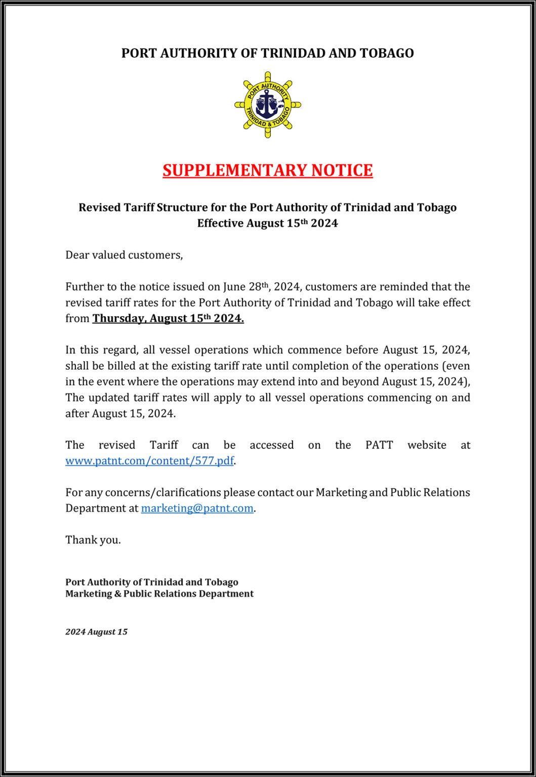 PATT – SUPPLEMENTARY NOTICE – Revised Tariff Structure for the Port ...