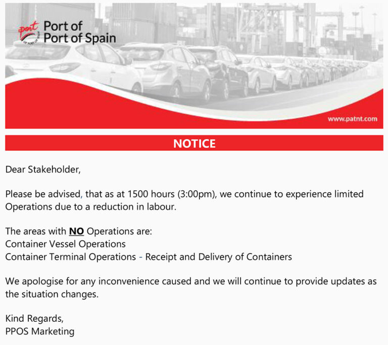 NOTICE: Port of Port of Spain Operations Update as at 1500 hours (3:00 ...